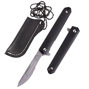 Samior S10 Mini Slim Flipper Folding Scalpel Neck Knife with 10pcs Blades, G10 Handle with Liner Lock, Utility EDC Keychain Pocket Knives with Leather Sheath (Black)