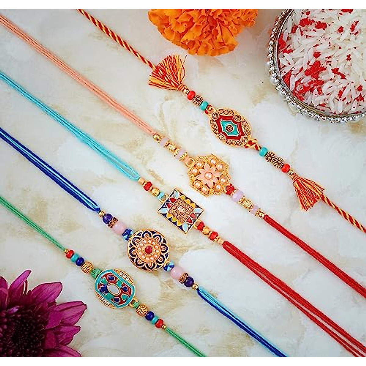 Eximious India Set of 5 Rakhi For Brother With Card Metal Pendant For Raksha Bandhan Designer Rakhi Thread for Bhaiya (Set of 5-2)