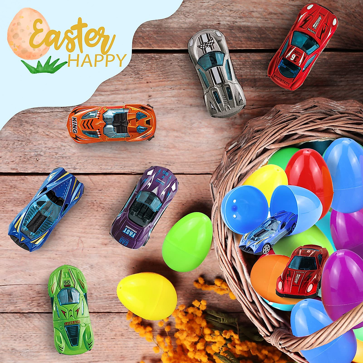 OCHIDO 12 Pack Easter Eggs Toys with Die-Cast Cars,Boy Easter Basket Stuffers for Kids,Easter Eggs Hunt,Prefilled Easter Eggs with Toys,Easter Party Supplies Bulk