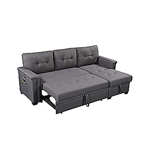 ERYE L-Shaped Corner Sleeper Sectional Couch Bed Linen Upholstery Sofa w/Reversible Storage Chaise,USB Charging Ports and Side Pocket for Home Apartment Office Living Room Furniture Sets, Dark Gray