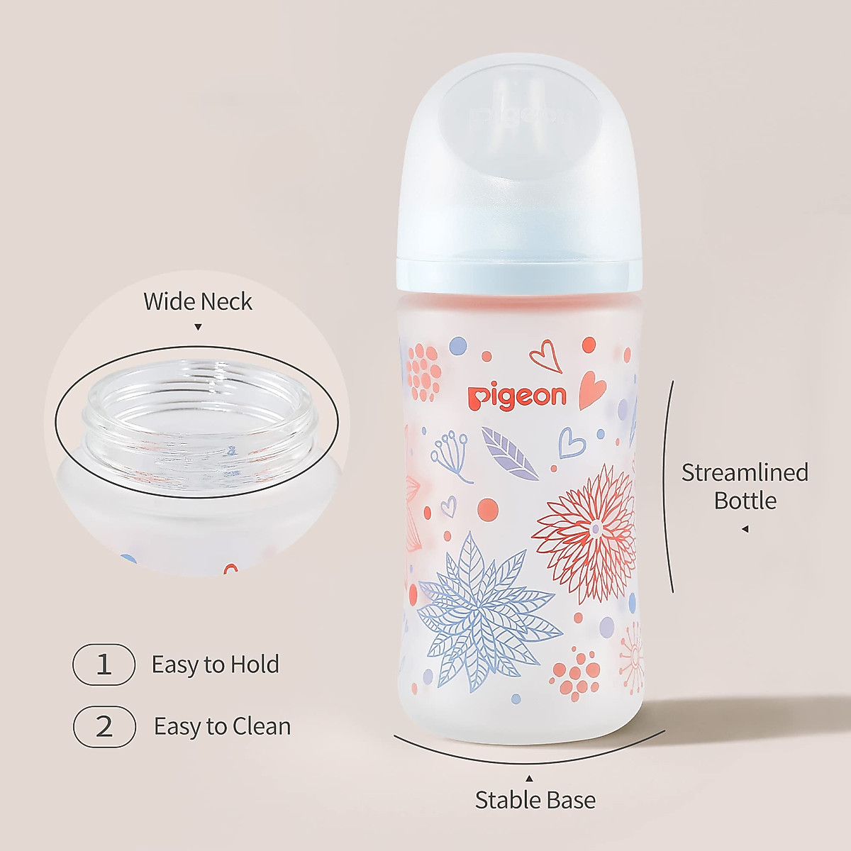 Pigeon Silicone Coating (Glass Inside/Silicone Outside) Nursing Bottle, Wide Neck, Streamlined Body, Natural Feel, Easy to Clean, Heat-Resistant, Flowers, 8.1 Oz