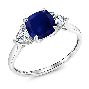Gem Stone King 10K White Gold Blue Sapphire and White Moissanite Engagement Ring | 2.46 Cttw | 7MM Cushion and 4MM Trillion | 3 Stone Wedding Engagement Anniversary Promise Ring For Women (Size 6)
