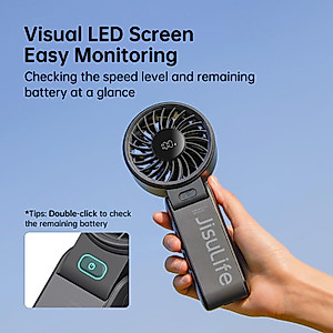 JISULIFE Handheld Fan Life7,2024 Powerful Portable Fan with LED Display[19.5Hrs Max Cooling]5000mAh,150°Folded,5 Speeds,Lanyard; 3-IN-1 Hand/Desk/Neck Fan,Travel Essentials Gifts for Women,Men(Black)