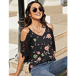 TFSDOD Print Cold Shoulder Tops for Women V Neck Lace Cutout Tunics Shirts Casual Strap Short Sleeve Shirts Black Red Floral XLarge