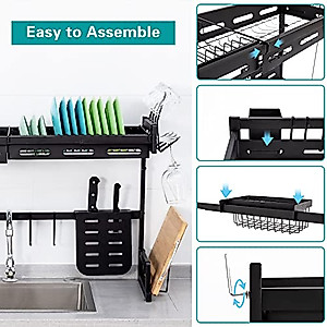 rotinyard Over The Sink Dish Rack, Adjustable (25.6”-33.8”) Dish Rack Over The Sink, Rust-Resistant 2-Tier Dish Drying Shelf Over The Counter for Kitchen Organizer, Space Saver, Black