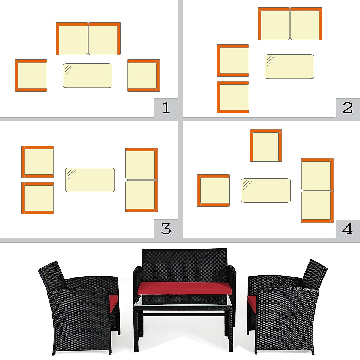 Tangkula Patio Wicker Conversation Furniture Set, Patiojoy Sofa & Table Set w/4 Seats, Outdoor Rattan Sofa Set for Balcony Backyard, Wicker Chair Set with Tempered Glass Coffee Table (1, Red)