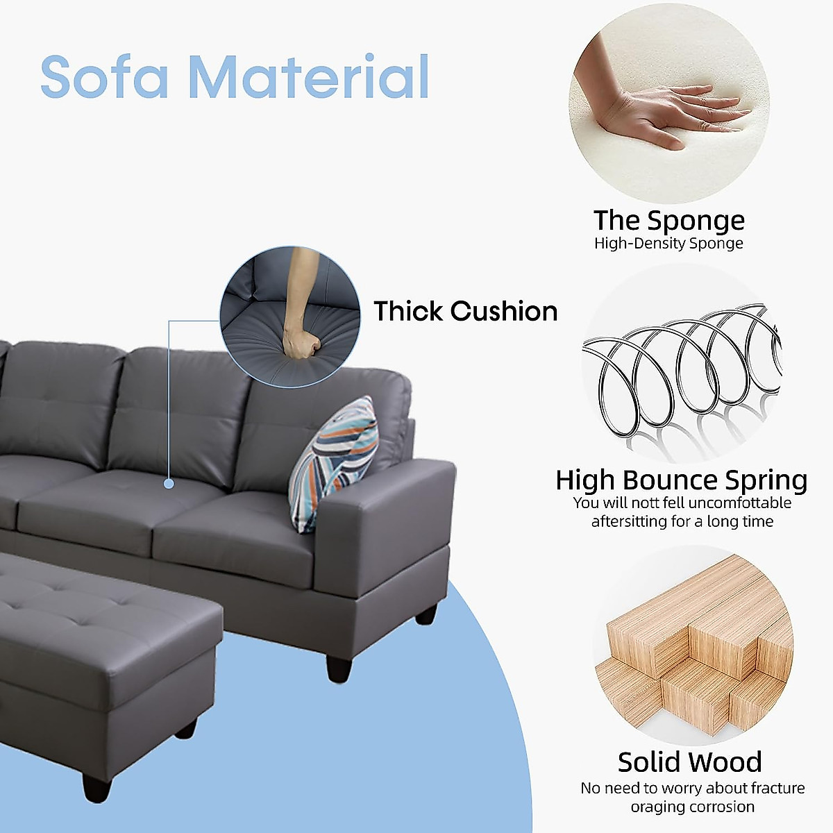 Caberryne Sectional Couch for Living Room Furniture Set Dack Grey,Sectional Sofa Set L Shape Sofa and Chaise with Storage Ottoman for Living Room/Apartment（Dack Grey,Facing Left Chaise）