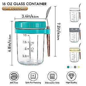 4 Pack Overnight Oats Jars, Overnight Oats Containers with Lids and Spoons, 16 Oz Glass Mason Jars for Overnight Oats Leak Proof Oatmeal Container Great for Cereal, Yogurt, Milk, Salads, Fruit