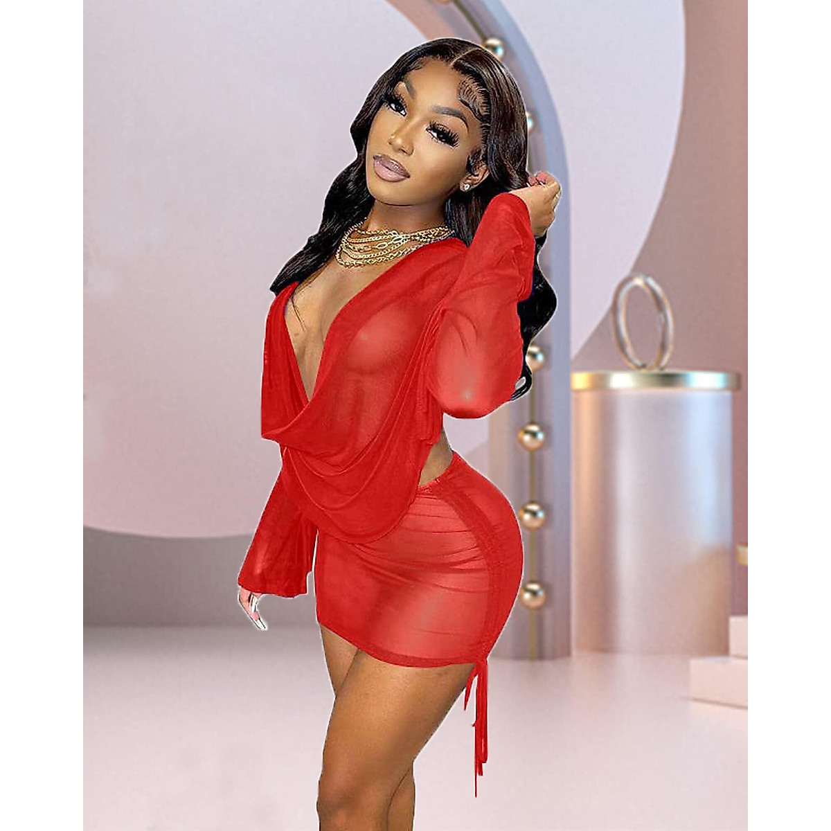 Women's Summer Sexy Sheer Mesh Mini Dress 2025 Long Sleeve V Neck Backless Ruched Bodycon Short Dress Two Pieces Outfits Skirt Set Red L