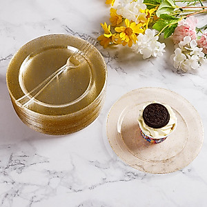 Goodluck 120PCS Gold Glitter Plates with Plastic Forks, Gold Dessert Plates for 60 Guests, Heavy Duty Disposable Plates for Party, Including 60 7" Plastic Plates and 60 7.4" Plastic Forks