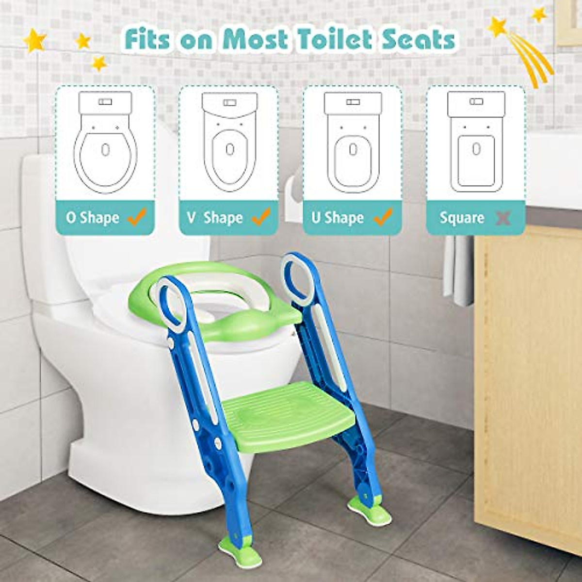 BABY JOY Kids Portable Potty Training Toilet Seat w/Step Stool Ladder, Foldable Adjustable Toddler Toilet Training Seat Chair with Non-Slip Pads and Soft Cushion Seat, for Boys Girls Toddlers (Blue)