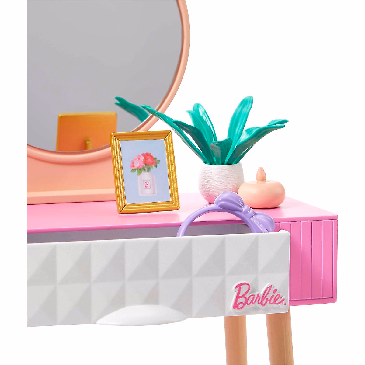 Barbie Furniture & Accessories Set, Doll House Décor, 10+ Pieces for Vanity Including Stand with Mirror, Stool, Beauty Products & More