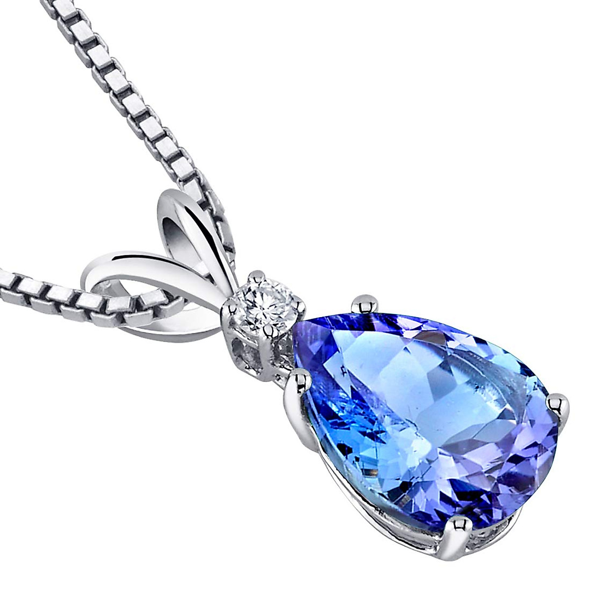 PEORA 14K White Gold Genuine Tanzanite and Diamond Teardrop Pendant for Women, 2.30 Carats total Pear Shape 10x7mm, AAA Grade