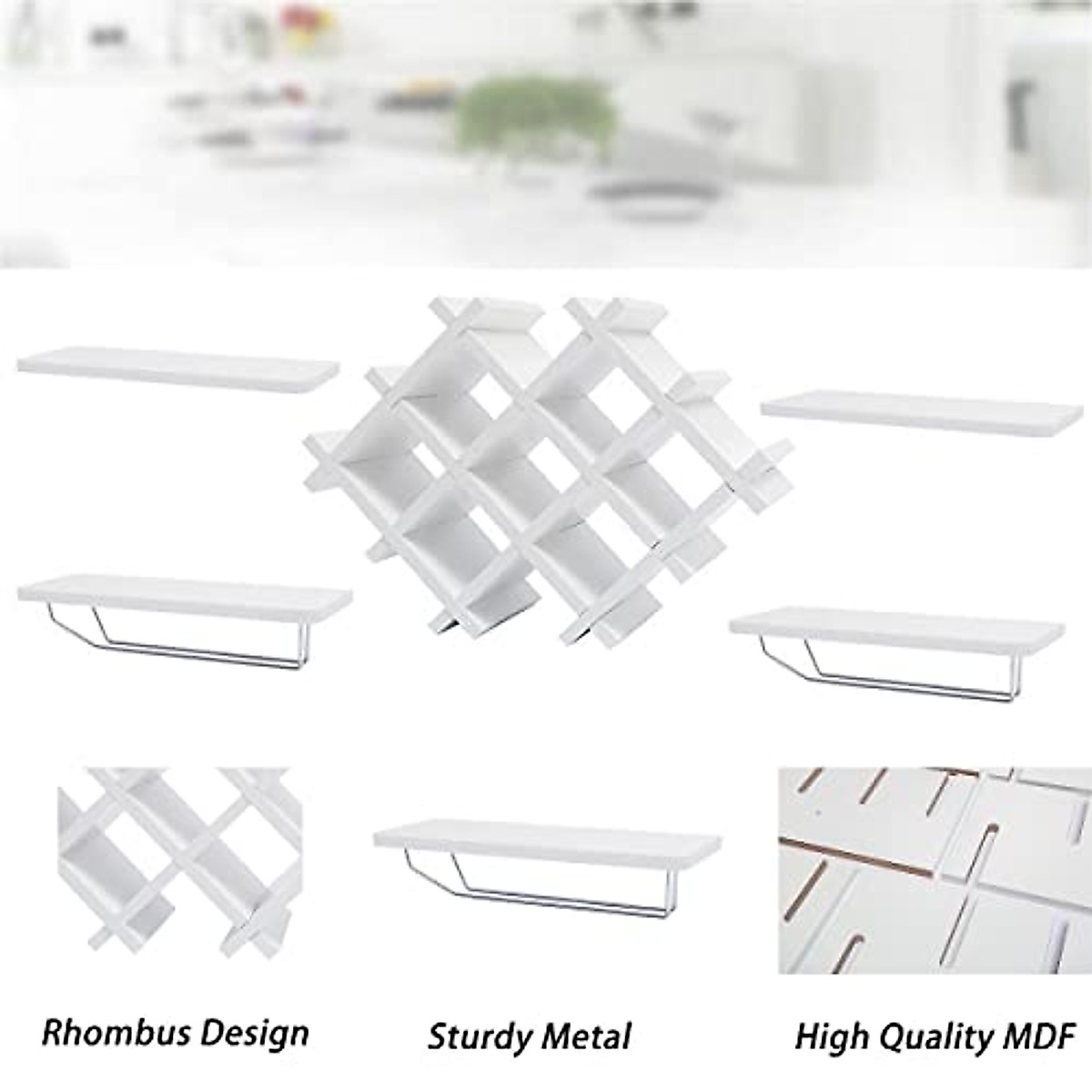Gdrasuya10 Wall Mounted Wine Racks Shelves, Set of 5 Wine Storage Display Rack Wooden Wine Bottle Shelf Set Wine Glass Holder Wall Wine Rack (1 Wine Rack & 4 Shelves) White