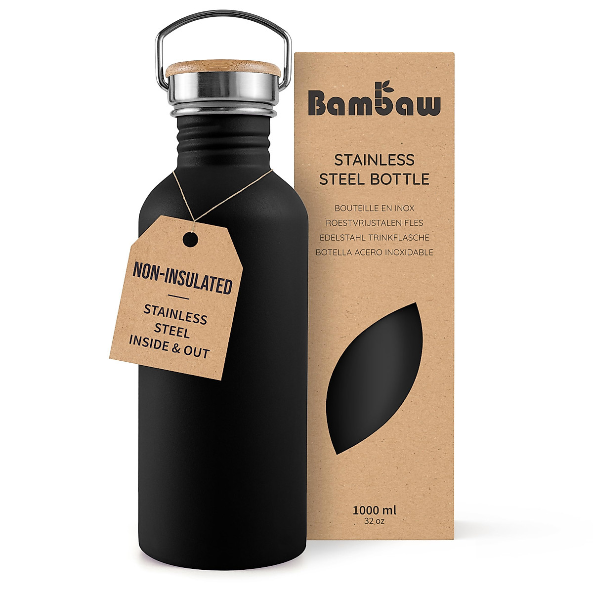 Bambaw 32 oz Water Bottle, Black Water Bottle Non-insulated, Single Wall Stainless Steel Bottle, Metal Water Bottle, Large Water Bottle 32oz, Reusable Water Bottle for Men and Women – Jet Black