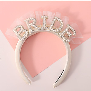 Agkvw Pearl Veil Bride Headband, White Satin Hairband with 'BRIDE' Decorated by Pearl and Rhinestone, Bridal Hairband for Bachelorette Party Decorations, Women's Hair Accessory