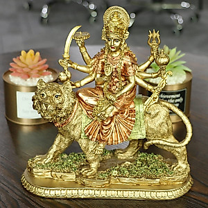 BangBangDa Hindu Goddess Durga Idol Statue - Durga On Tiger Figurine India Murti Home Mandir Temple Altar Puja Item Birthday Diwali Pooja Gifts for Indian Yoga Meditation Spritural Decor