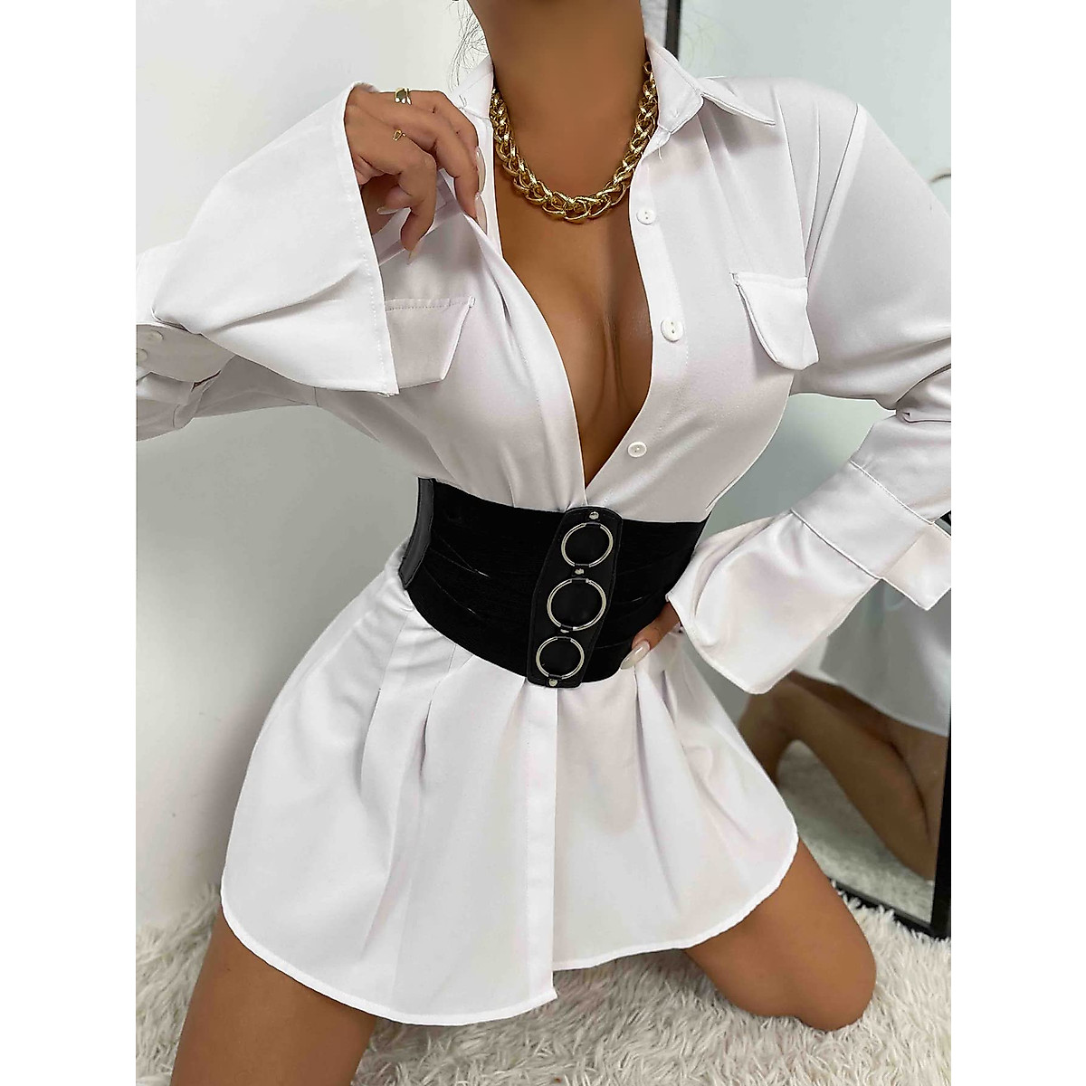 Moessa Women's 7 Inch Wide Lattice Corset Waspie Elastic Waist Belt V792-Black-One Size