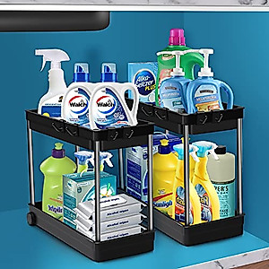 [Upgrade Wheels] 2 Packs Under Sink Organizers and Storage, Durmmur Multi-Purpose 2 Tier Bathroom Organization Countertop or Undersink Shelf, Kitchen Under Cabinet Container Basket Caddy with Hooks