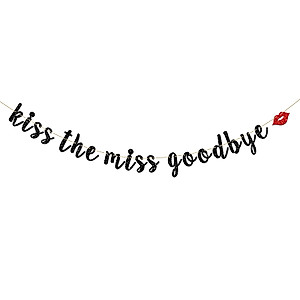 INNORU Kiss the Miss Goodbye Banner - Engagement Party Decor - Miss to Mrs Party Decorations Supplies, Bridal Shower Party Bunting Decorations, Black Glitter