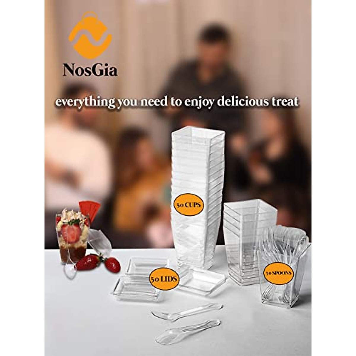 NosCupsGia 5.4 oz Set of 50 Dessert Cups with Lids & Spoons - Small Plastic Cups with Lids Mini Spoons Parfait Cups with Lids Clear Plastic Cups with Lids Mousse Ice Cream Pudding Cups