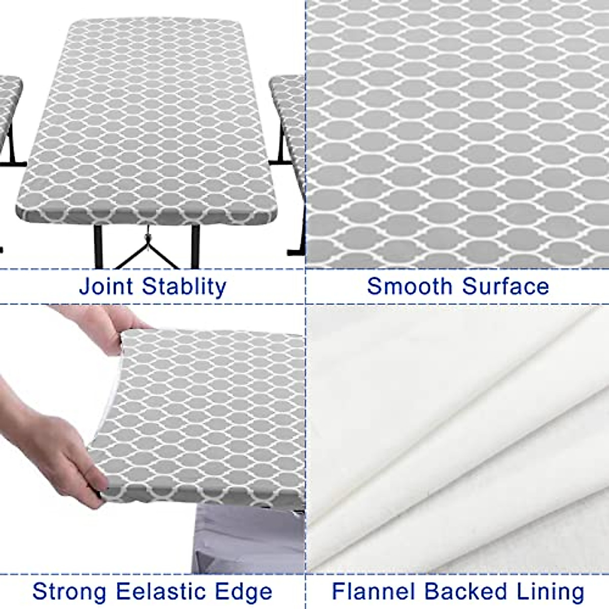 3 Pieces Picnic Table and Bench Fitted Tablecloth Cover Picnic Table Cover with Bench Covers for Picnics Indoor and Outdoor Dining (Gray Moroccan Pattern)