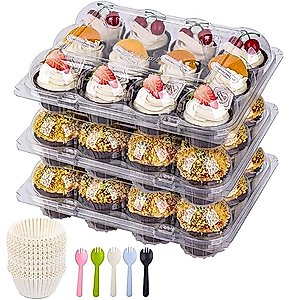 AUKUS (12 packs X 12 sets Cupcake Containers, Cupcake Carrier Holders,Deep Dome, Transparent Disposable with 150 Pack Cupcake liners and 15 forks
