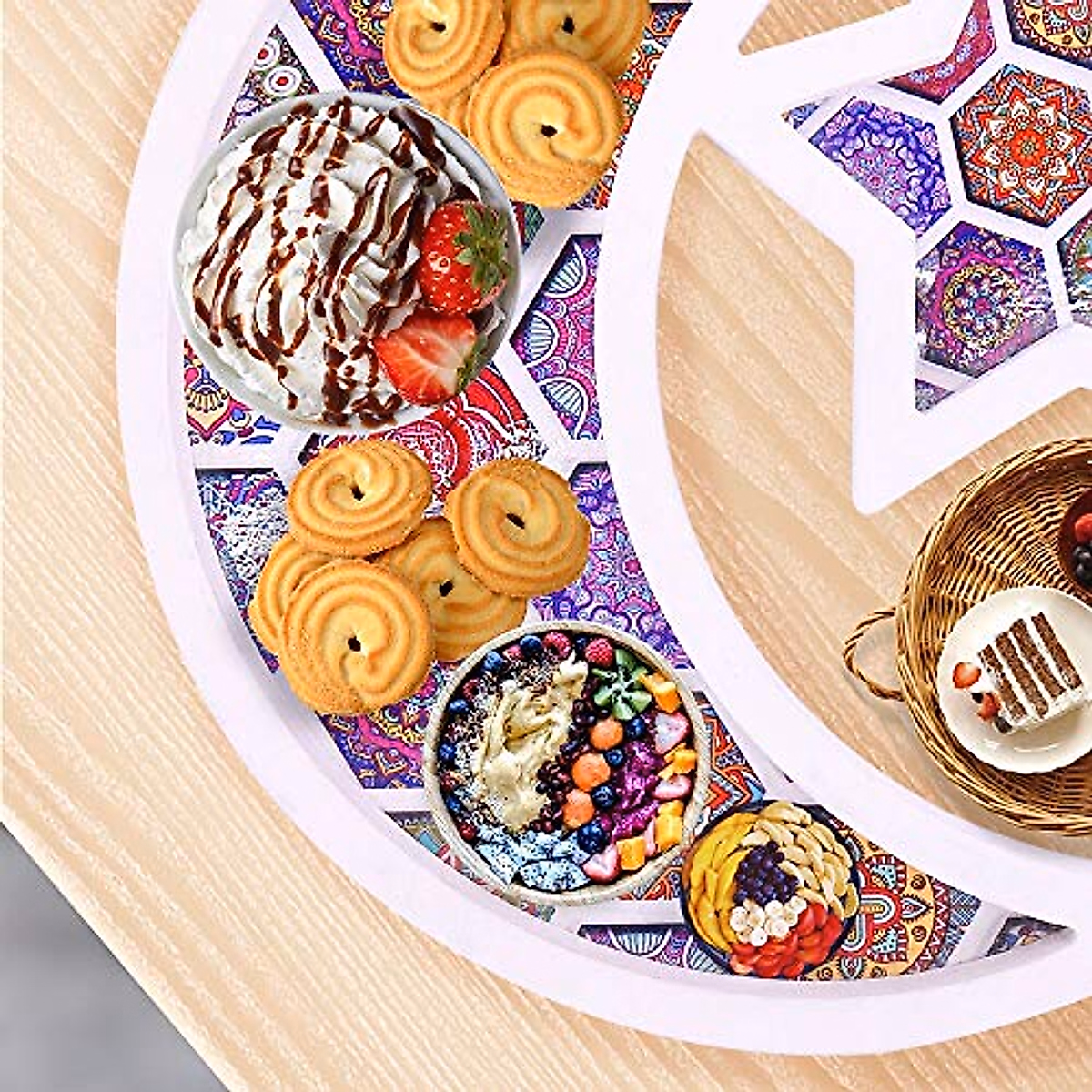 Wooden Eid Mubarak Dessert Tray, Ramadan Kareem Moon Star Shape Tray, Wooden Artistic Party Serving Tableware Tray Display Wood Decoration for Parties, Weddings (White Star)