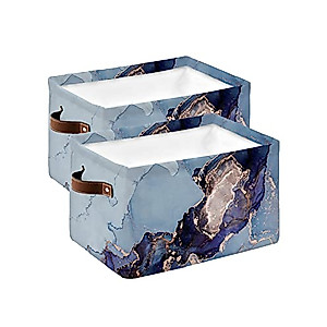 Blue Purple Aqua Marble Texture Storage Bins 2 Pack, Large Waterproof Storage Baskets for Shelves Closet, Chinese Abstract Art Ombre Storage Basket Foldable Storage Box Cube Organizer with Handles