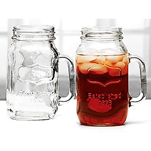Mason Glass Drinking Mugs w Handle & Tin Lids (set of 4) Gift Idea With Embossed Established Date Logo,For Coffee,Juice, Punch, Dessert, Small Cakes, or Any Beverage 16oz. Comes Perfectly Boxed