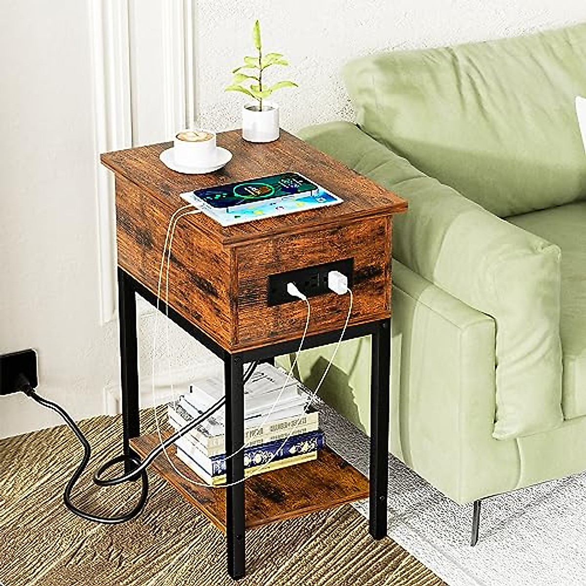 SZLHANJZ Nightstand with Charging Station, Narrow End Table with Storage Drawer, Wood & Metal Narrow Nightstand 2 Tier, Small Sofa Bed Side Table for Living Room Bedroom Dorm, Dark Brown
