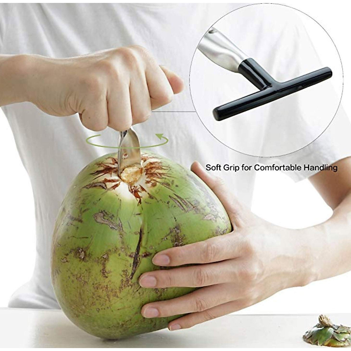 Coconut Opener Tool – Stainless Steel Coconut Meat Removal & Tap Opener Set – Practical & User-Friendly – Compatible with Peeled Thai Young White & Green Coconuts