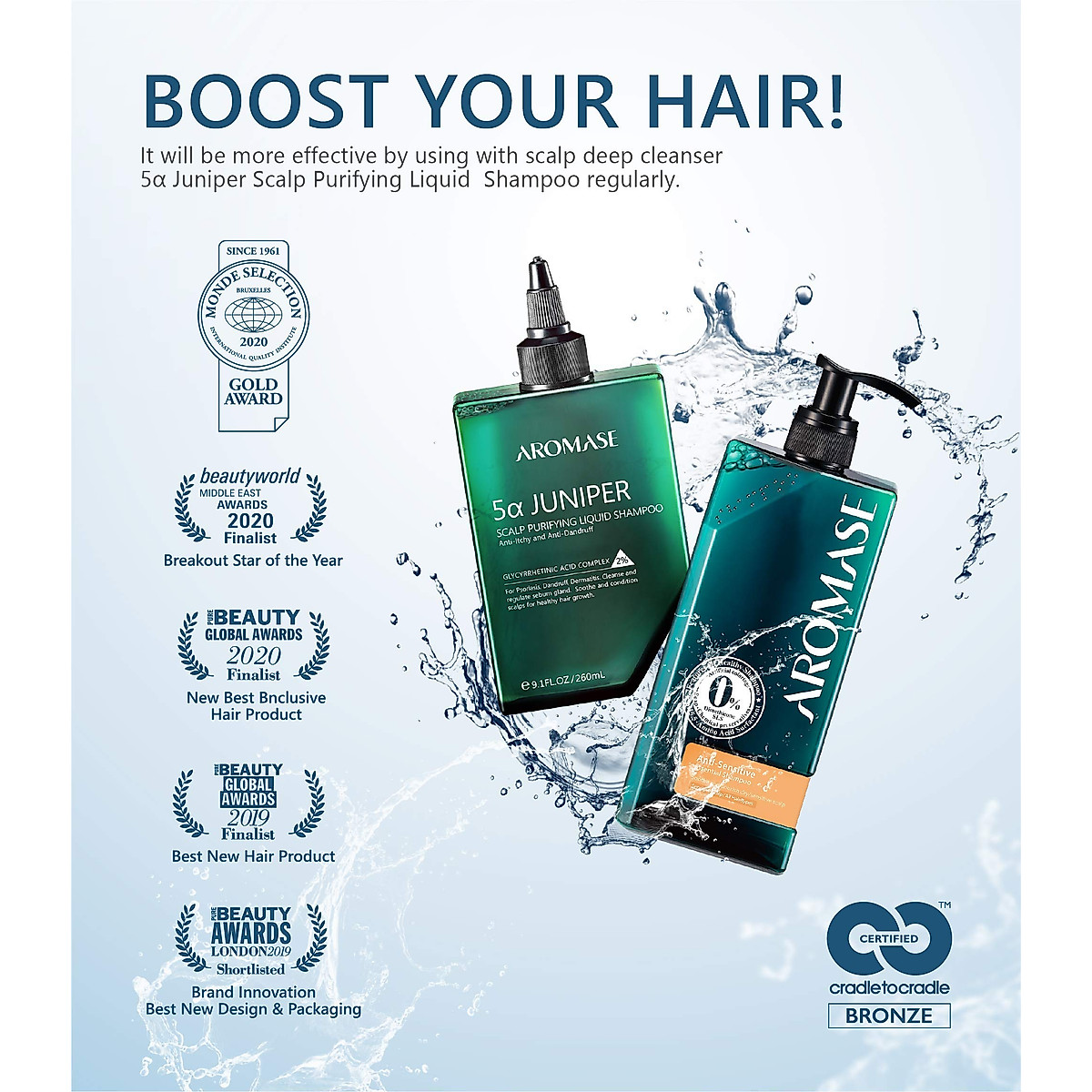 Aromase Dry and Dry Dandruff Solution Kit (5α Juniper Scalp Purifying Liquid Shampoo 2.8 Fl Oz + Dry and Sensitive Solution Shampoo 14 Fl. Oz) for Very Dry Scalp, Dry Dandruff