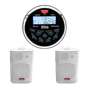 BOSS Audio Systems MGR350B Marine Gauge Receiver - Bluetooth, Digital Media MP3 Player + MR4.3W 200-Watt 3 Way Marine 4-Inch Enclosed System Speakers.
