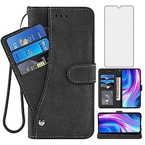 Asuwish Compatible with Xiaomi Redmi Note 8 Pro Wallet Case and Tempered Glass Screen Protector Flip Credit Card Holder Stand Lanyard Cell Accessories Phone Cover for Redme Note8 8pro Women Men Black