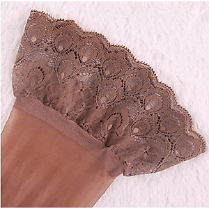 Long-Perfect Ultra Shiny Lace Top Thigh High Silk Stockings Shimmery Glossy Sheer Antiskid Silicone Tights 15 Den (Brown)