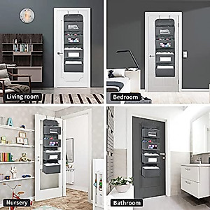 4-Shelf Over The Door Hanging Organizer with 2 Metal Hooks，4 Pocket Over The Door Wall Mount Storage with Clear Windows for Baby Nursery Bathroom Closet,Bedroom,Dorm, Diapers,Kids Toys (Gray)
