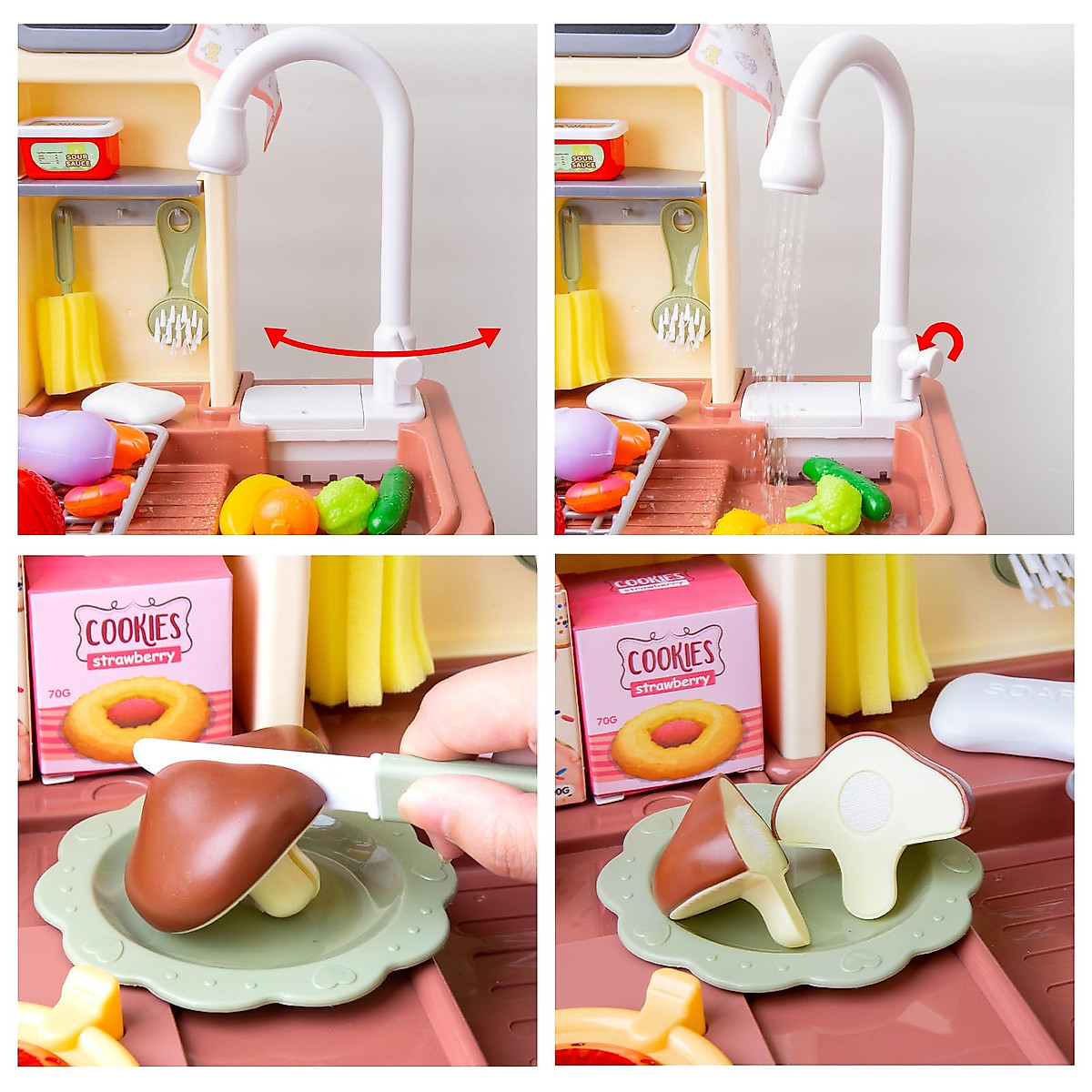 Kitchen Playset - 87Pcs Kitchen Toys with Realistic Lights&Sounds, Simulation of Spray and Play Sink,Toddler Outdoor Playset for Kids, Girls & Boys