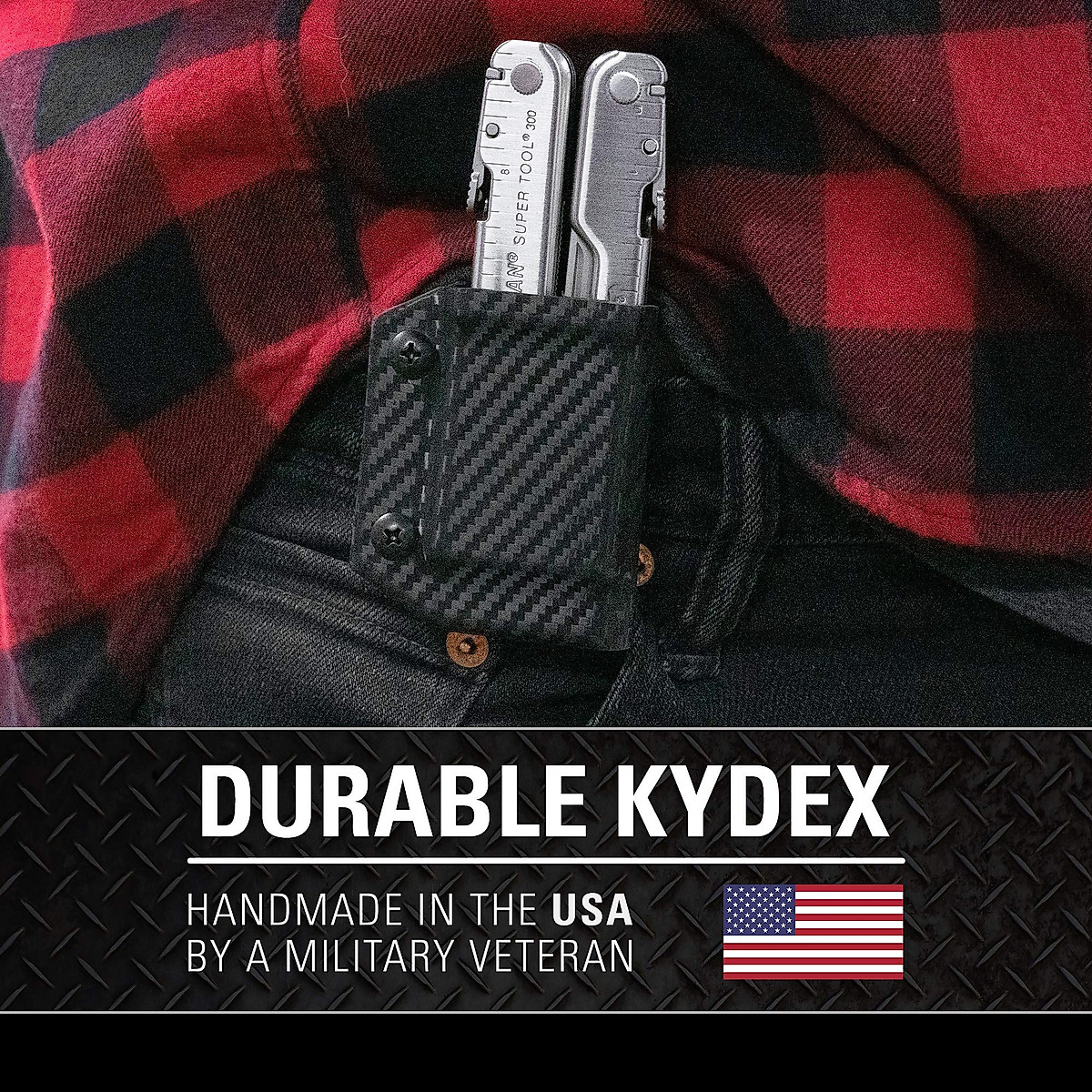 Clip & Carry Kydex Multitool Sheath for the Leatherman Supertool 300 - Everyday Carry Holder Holster - Made in USA - Carbon Fiber Black