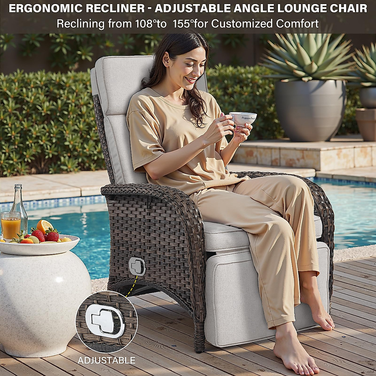 Belord Versatile Outdoor Recliner Chair - Reclining Patio Chair with Adjustable Backrest and Footrest, All-Weather Wicker Chaise Lounge Chair Outdoor for Pool Deck Brown