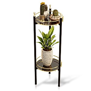 BENOLDY 2 Tier Plant Stand Table - Black Metal Frame with 2 Portable Golden Plate Tray, Plant Holder Stand, Serving Cart Tray and Wine Rack, Indoor/Outdoor Plant Shelf, Plant Pot Stand