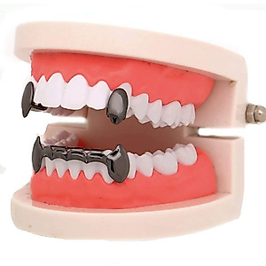 18K Gold Vampire Dracula Teeth Grillz 2pc Single Fangs and 6 Bottom Grillz Set