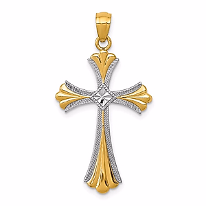 Diamond2Deal 14K Yellow Gold Diamond-cut Rhodium Plated Religious Crucifix Cross Pendant 33mm