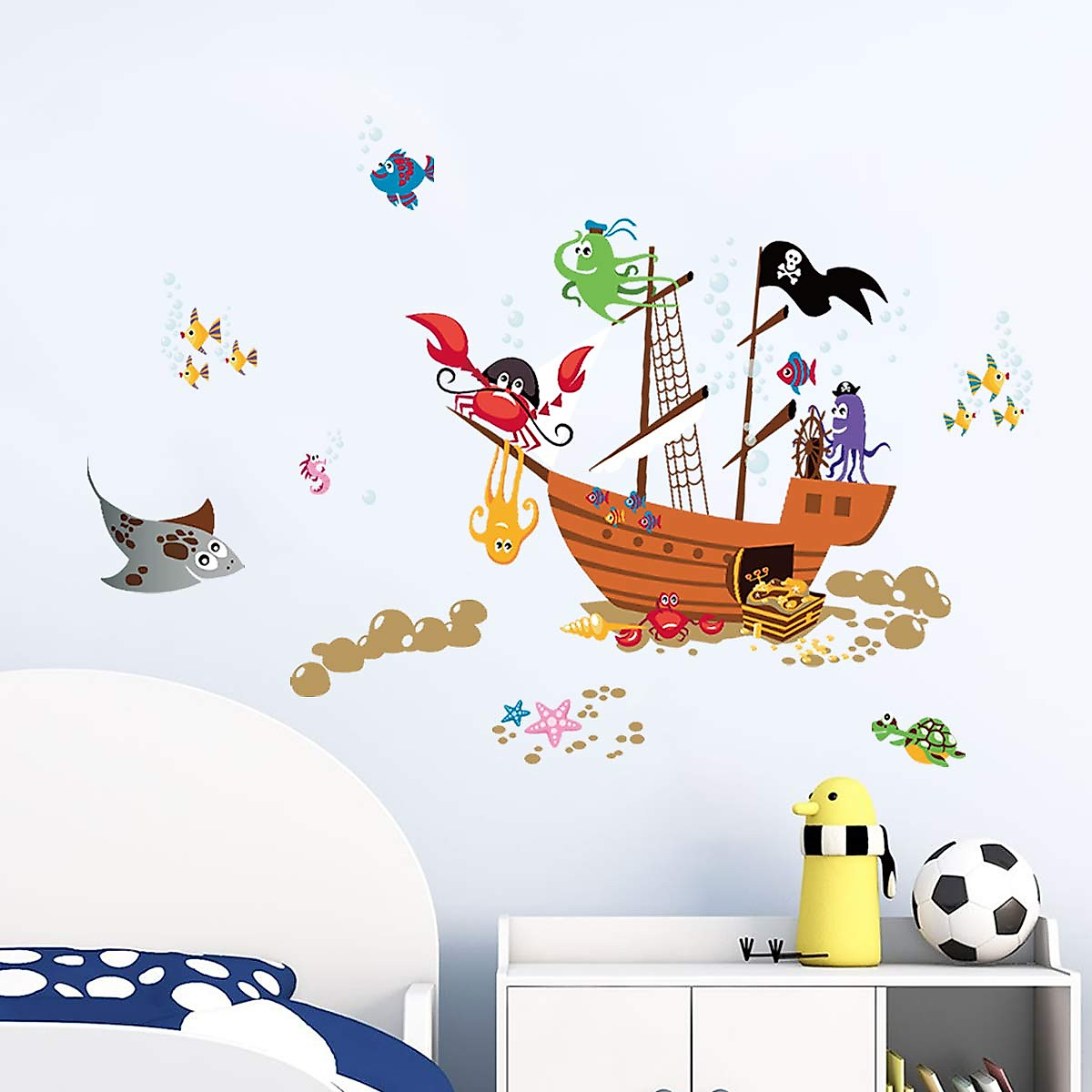 ufengke Pirate Ship Animal Wall Stickers Crab Octopus Bubbles Wall Decals Art Decor for Kids Boys Bedroom Nursery Playroom