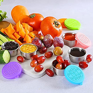 Jeadiuwe Salad Dressing Container To Go 6 x 1.7 oz Set,Reusable Small Stainless Steel Condiments Containers with the silicone Lids，Reusable Leakproof Sauce Containers for Lunch Box Leak Proof