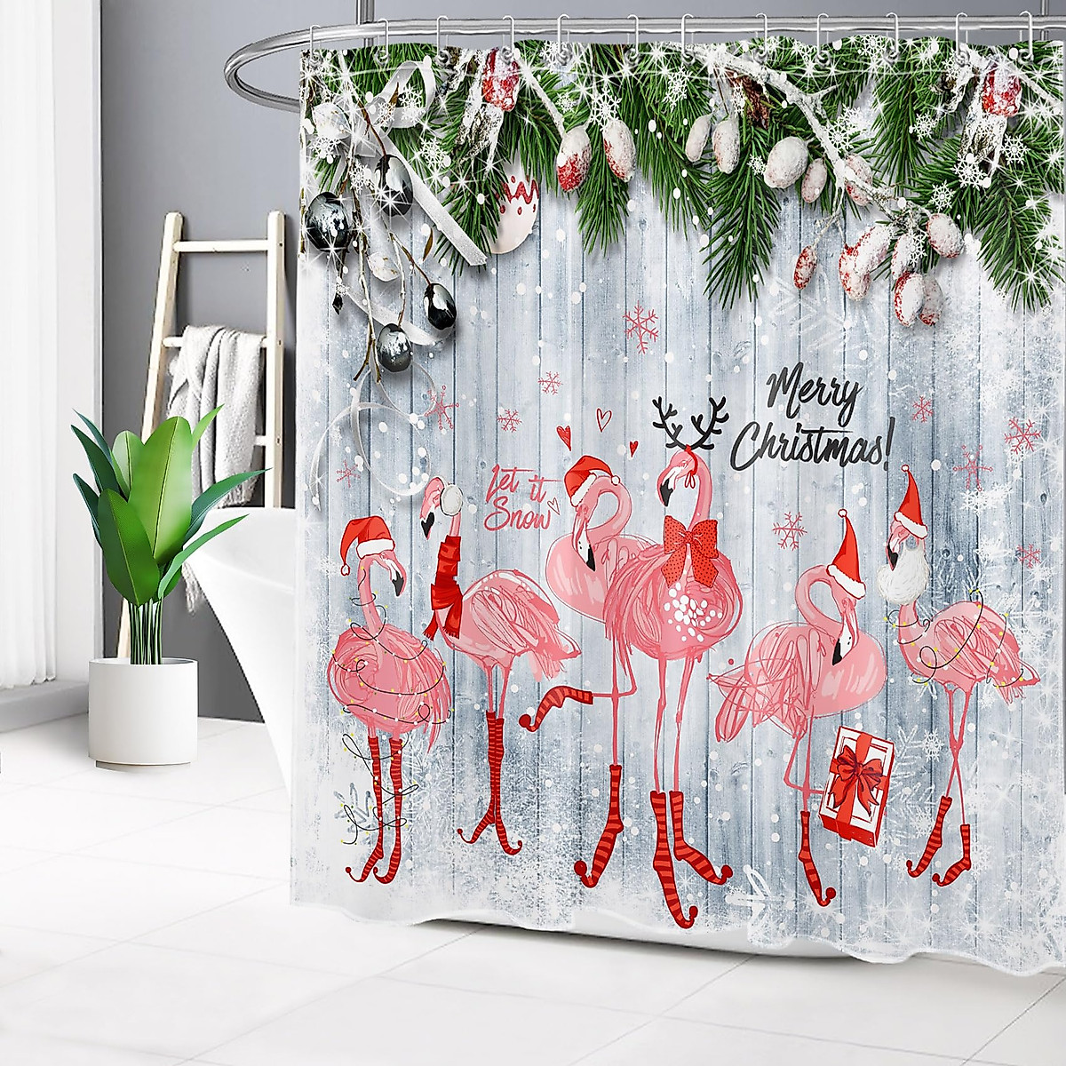 HVEST Christmas Flamingo Shower Curtain, Pink Flamingos with Xmas Hat on Grey Board Shower Curtain with Hooks, Pine Tree and Snowy Berry with Snowflake Polyester Fabric Bath Decor, 78L x 72W Inches