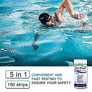 SuperCheck 5-in-1 Test Strips for Testing Chemicals Content in Pool and Spa, 6 Parameters, 100 Count, Swimming Water Test Kits for Hardness, Chlorine, Bromine, pH and Alkalinity, Pool Water Tester