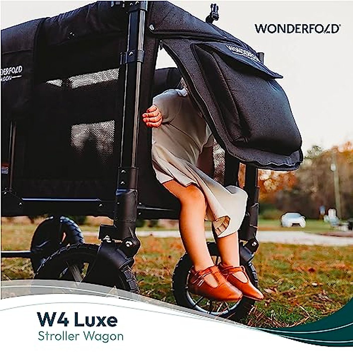 WONDERFOLD W4 Luxe Quad Stroller Wagon Featuring 4 High Face-to-Face Seats with Magnetic Buckle 5-Point Harnesses and Adjustable/Removable UV-Protection Canopy, Black