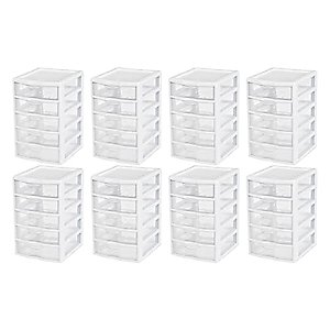 Sterilite Clearview Small Clear Plastic Stackable 5 Drawer Storage System for Desktop and Drawer Household Organization for Stationary or Pens, 8 Pack