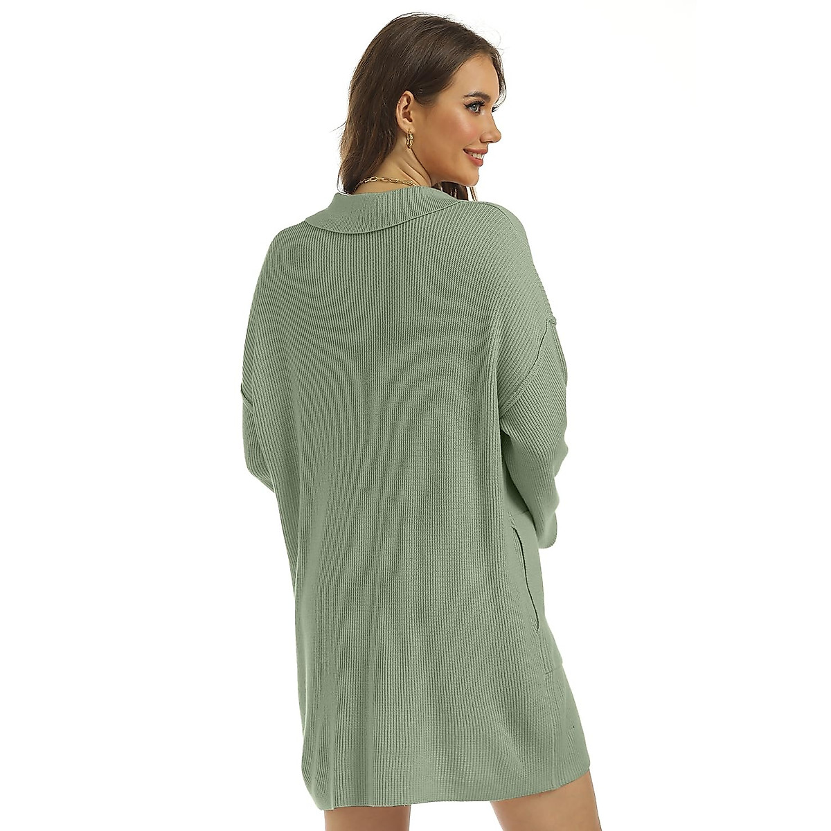 Nfsion Women's Casual Lapel Knit Sweater Button V-neck Long Sleeved Loose Fitting Dress Autumn Oversized Short Skirt Pullover Light green Small